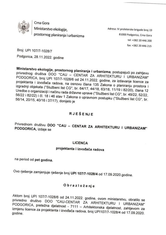 Licence projektanata i izvođača radova - UPI 107-7-1028-7 DOO CAU ...