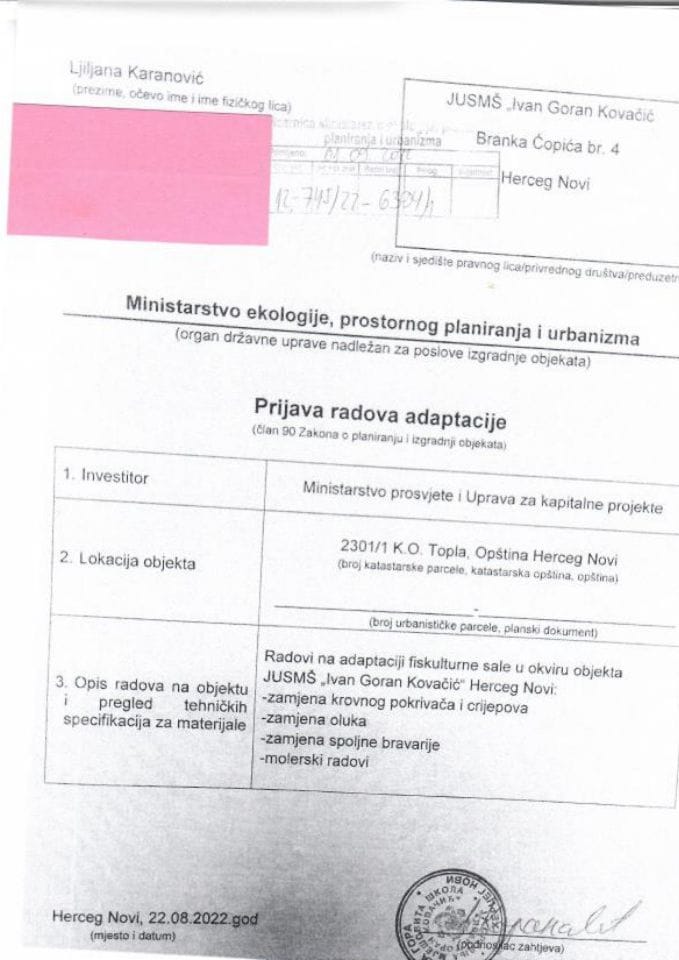 Prijava radova adaptacije - 12-745-22-6394-1 MINISTARSTVO PROSVJETE I ...