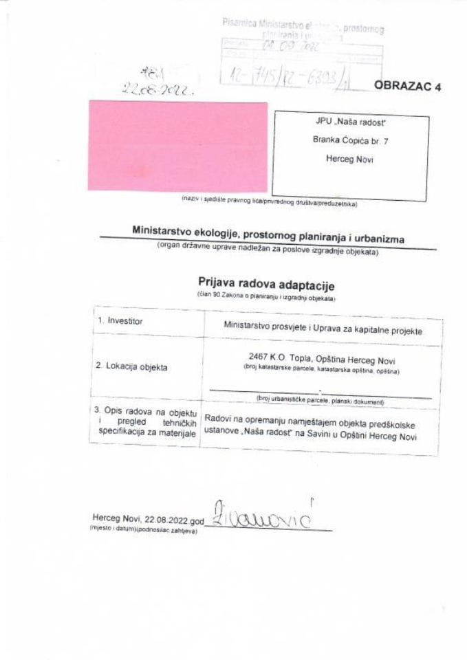 Prijava radova adaptacije - 12-745-22-6393-1 MINISTARSTVO PROSVJETE I ...