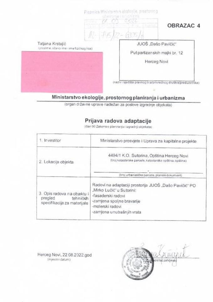 Prijava radova adaptacije - 12-745-22-6395-1 MINISTARSTVO PROSVJETE I ...