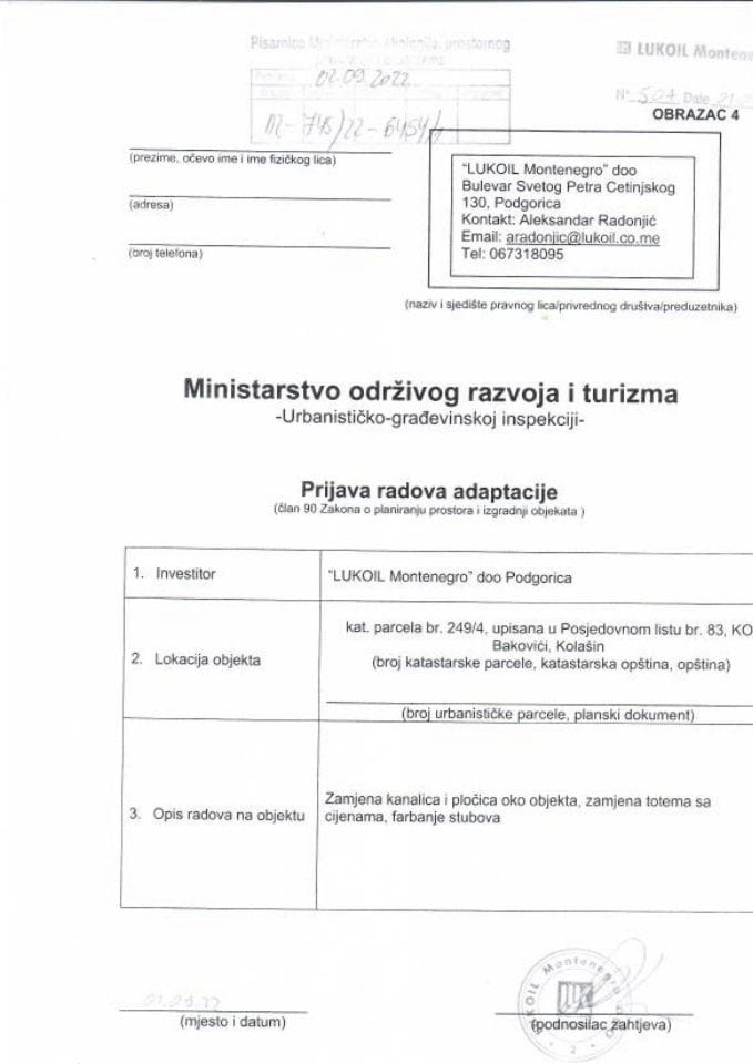 Prijava radova adaptacije - 12-745-22-6454-1 LUKOIL MONTENEGRO DOO