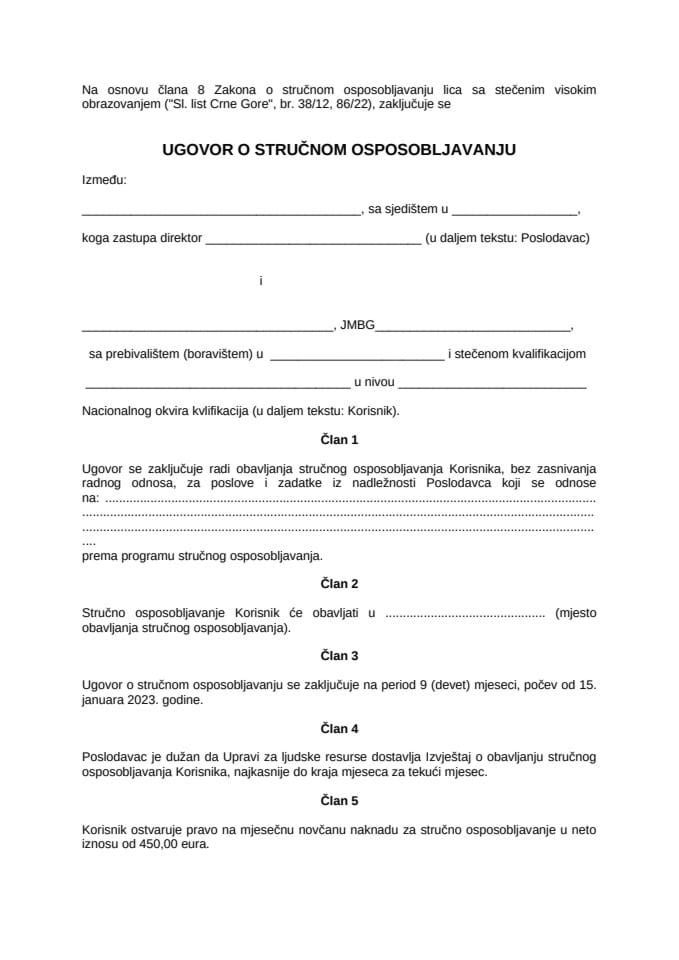 Ugovor o stručnom osposobljavanju - 2023