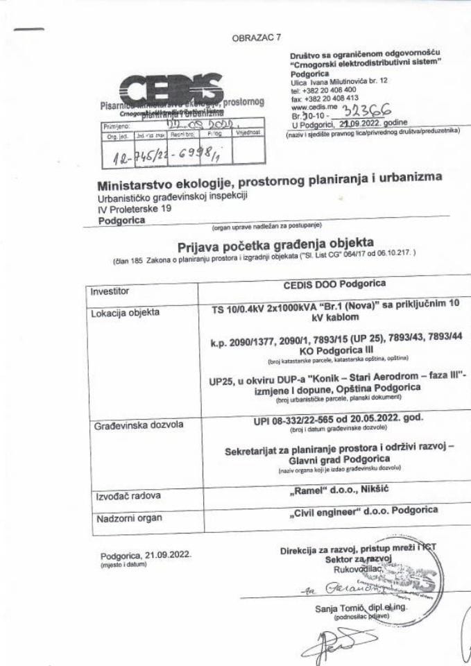 Prijava početka građenja objekta - 12-745-22-6998-1 CEDIS DOO