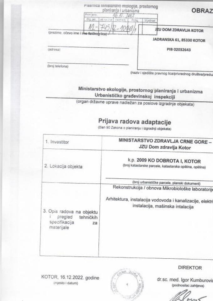 Prijava radova adaptacije - 12-745-22-10148-1 MINISTARSTVO ZDRAVLJA ...