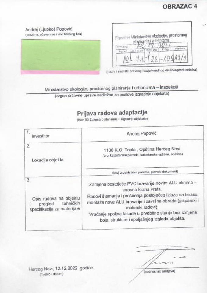 Prijava radova adaptacije - 12-745-22-10217-1 ANDREJ POPOVIĆ