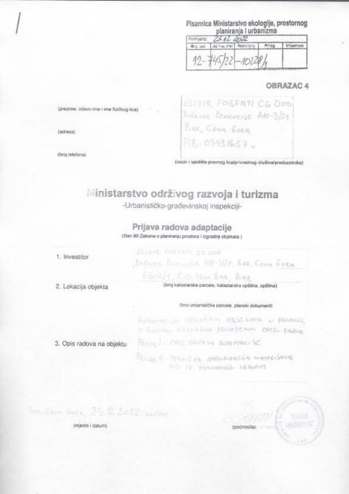 Prijava radova adaptacije - 12-745-22-10228-1 ELIXIR FOSFATI CG DOO