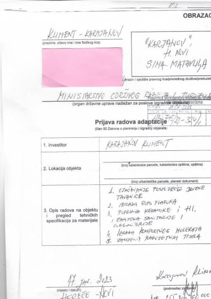 Prijava radova adaptacije - 121-745-23-324-1 KARAJANOV KLIMENT