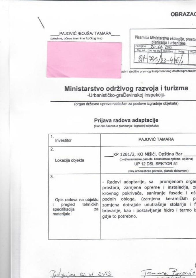 Prijava radova adaptacije - 121-745-23-446-1 PAJOVIĆ TAMARA