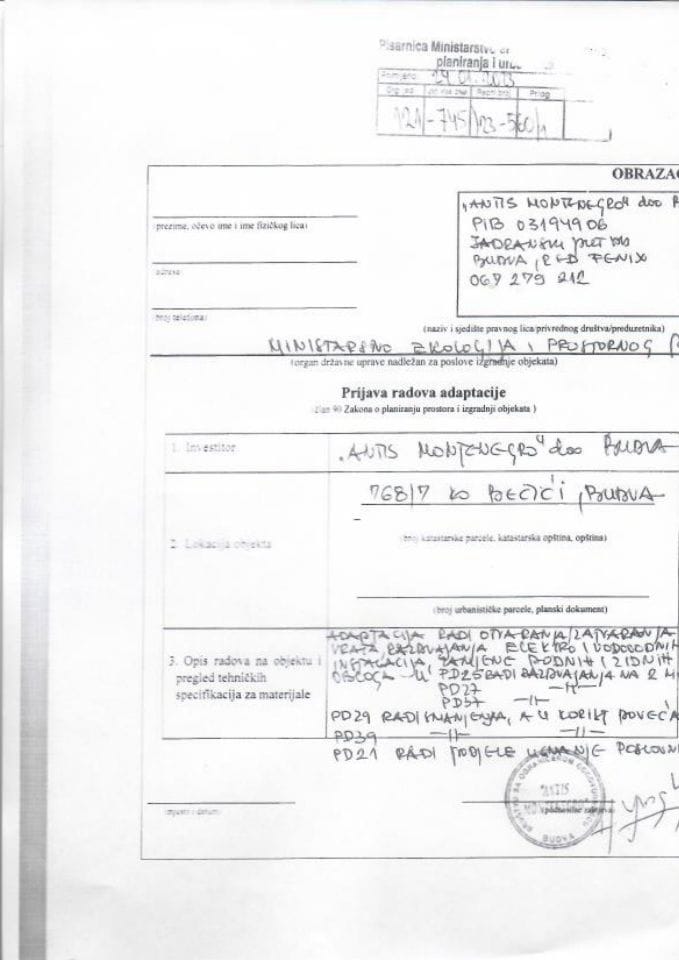 Prijava radova adaptacije - 121-745-23-560-1 ANTIS MONTENEGRO DOO