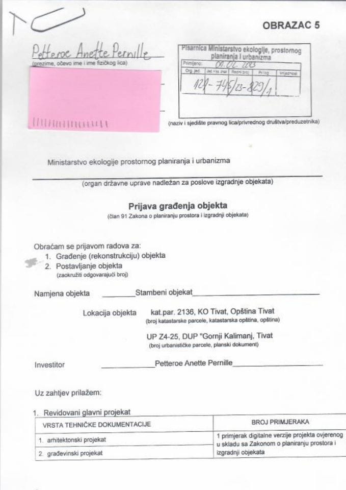 Prijava građenja objekta - 121-745-23-829-1 PETTEROE ANETTE PERNILLE