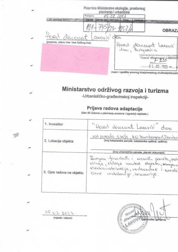 Prijava radova adaptacije - 121-745-23-1252-1 HARD DISCOUNT LAKOVIĆ DOO