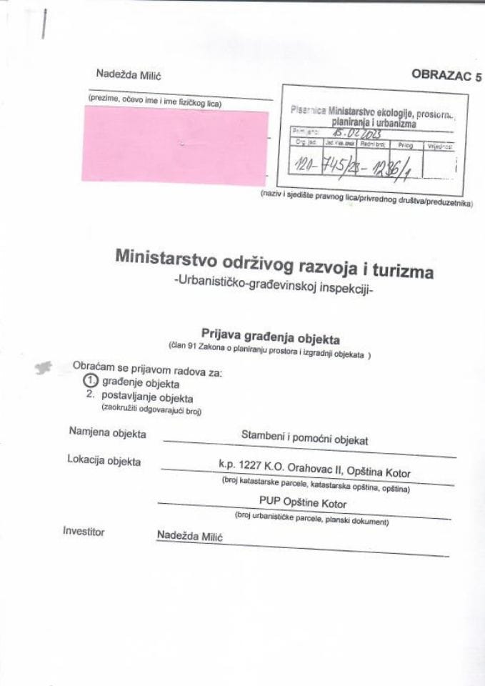 Prijava početka građenja objekta - 121-745-23-1236-1 NADEŽDA MILIĆ