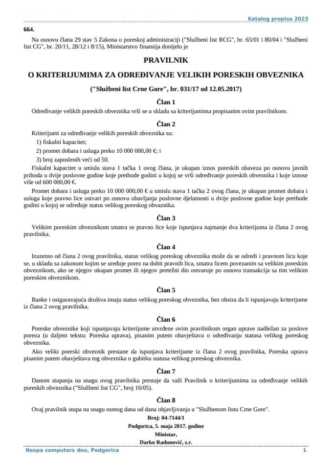 Pravilnik o kriterijumima za određivanje velikih poreskih obveznika