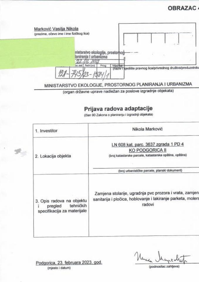 Prijava radova adaptacije - 121-745-23-1584-1 NIKOLA MARKOVIĆ