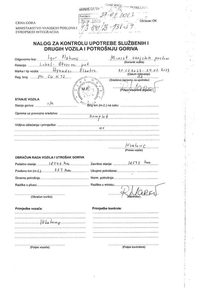 Putni nalozi za kontrolu upotrebe službenih i drugih vozila i potrošnja goriva i analitička ...