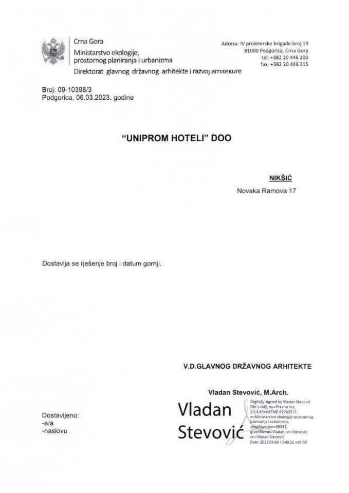 Rješenja glavnog državnog arhitekte - 06.03.2023 Rješenje -UNIPROM ...