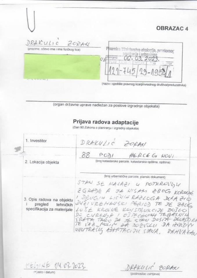 Prijava radova adaptacije - 121-745-23-1954-1 DRAKULIĆ ZORAN