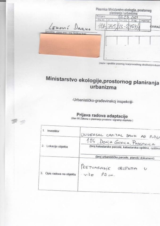 Prijava radova adaptacije - 121-745-23-2464-1 UNIVERSAL CAPITAL BANK AD