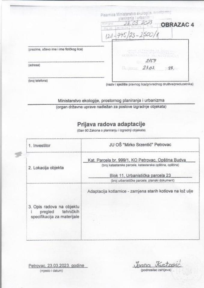 Prijava radova adaptacije - 121-745-23-2500-1 JU OŠ MIRKO SRZENTIĆ