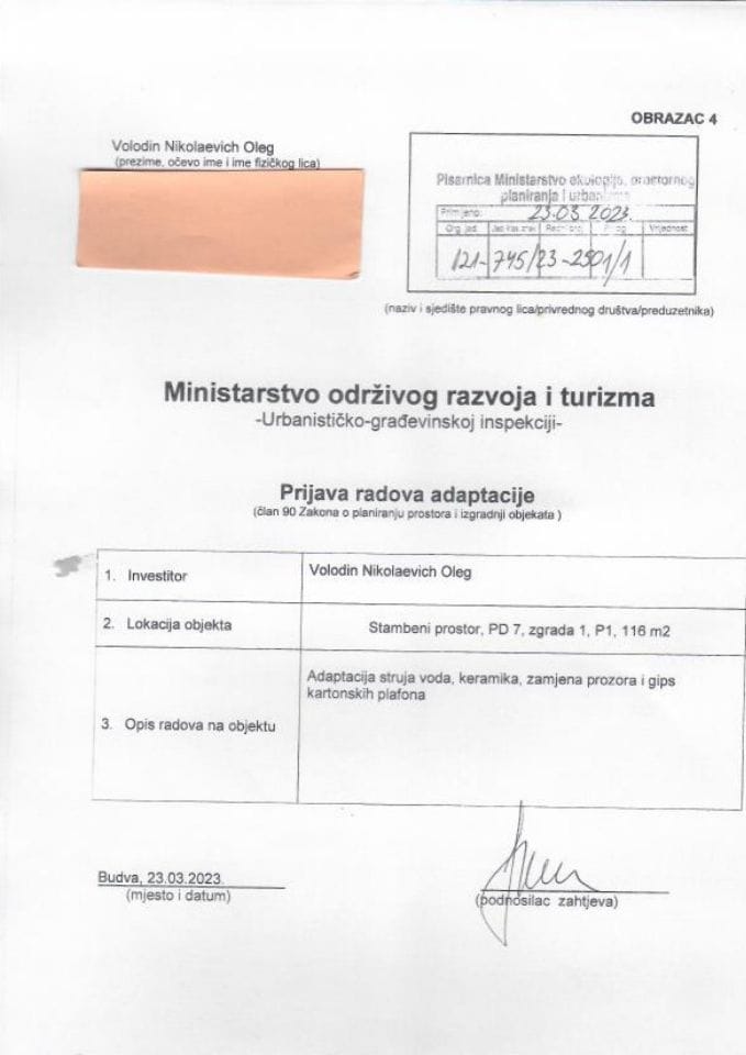 Prijava radova adaptacije - 121-745-23-2501-1 VOLODIN NIKOLAEVICH OLEG