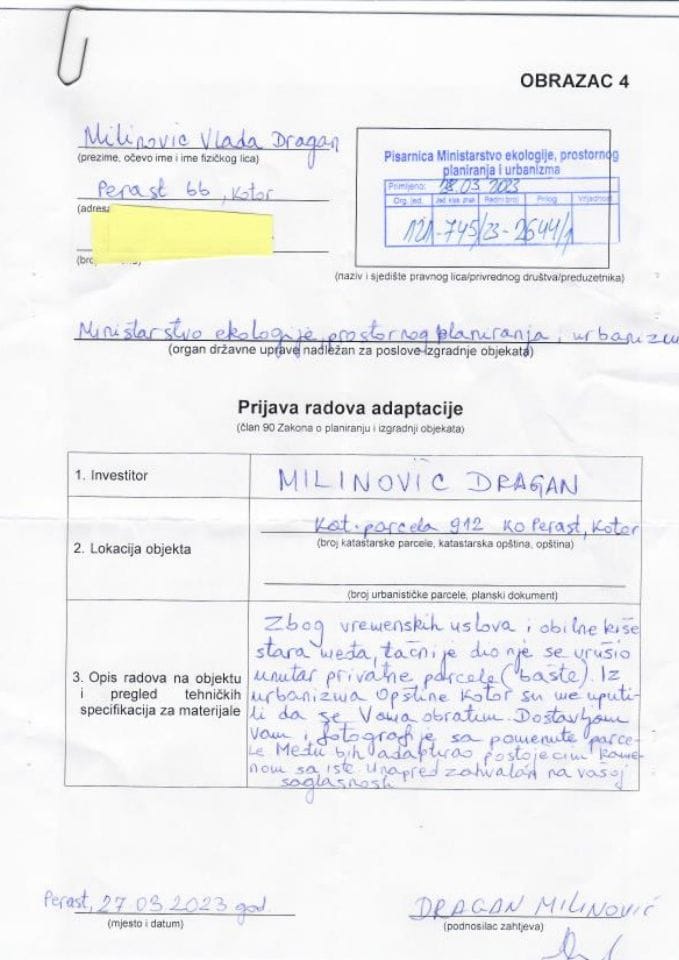 Prijava radova adaptacije - 121-745-23-2644-1 MILINOVIĆ DRAGAN