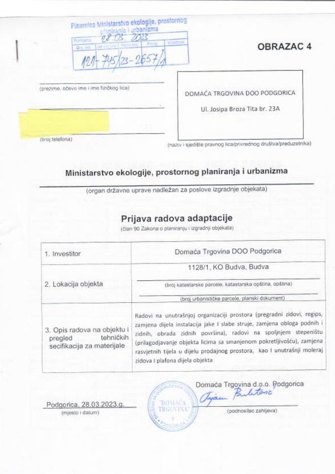 Prijava radova adaptacije - 121-745-23-2657-1 DOMAĆA TRGOVINA DOO PODGORICA