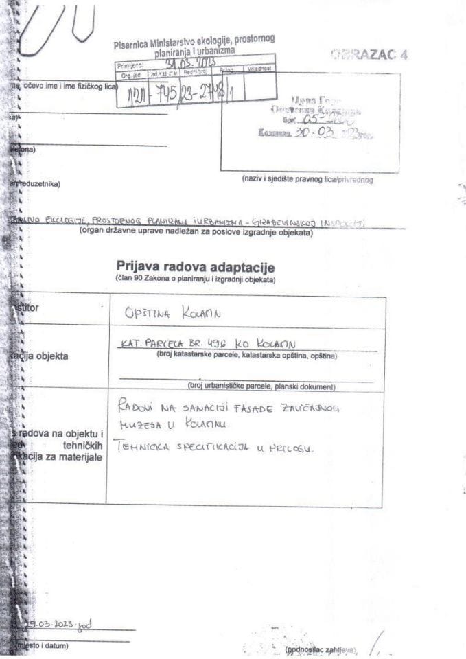 Prijava radova adaptacije - 121-745-23-2748-1 OPŠTINA KOLAŠIN