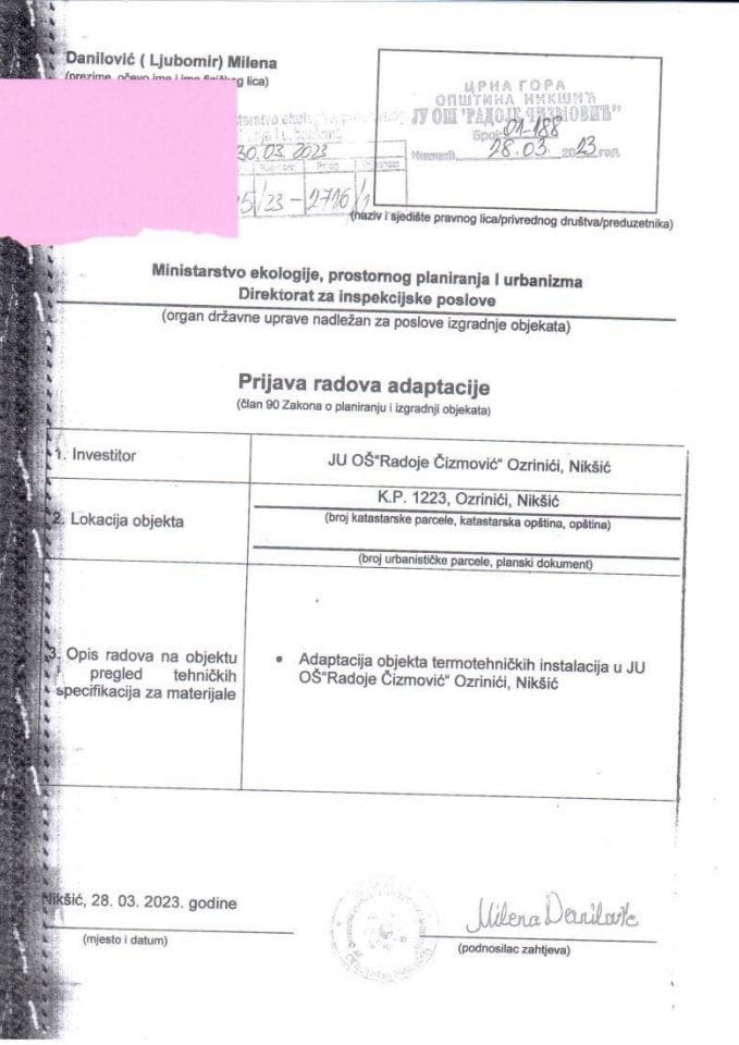 Prijava radova adaptacije - 121-745-23-2716-1 JU OŠ RADOJE ČIZMOVIĆ ...