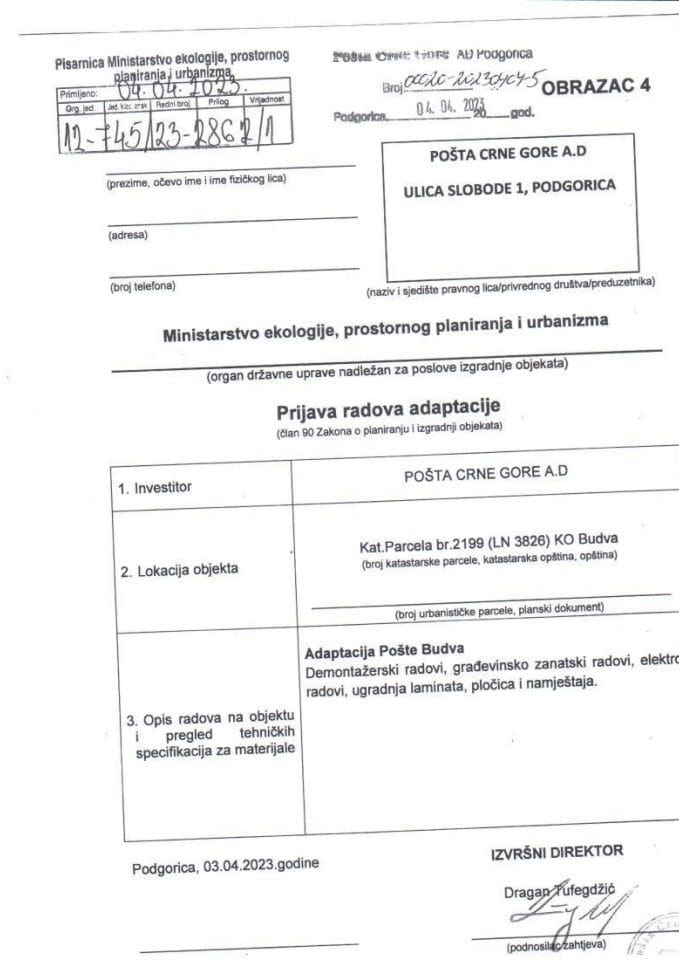 Prijava radova adaptacije - 12-745-23-2862-1 POŠTA CRNE GORE A.D
