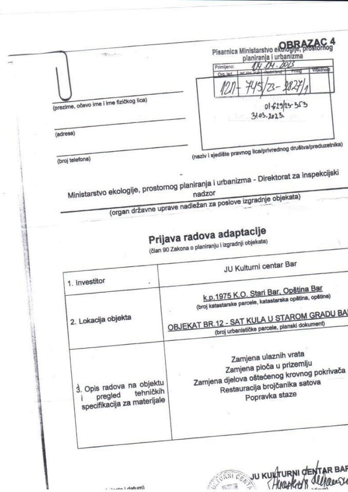 Prijava radova adaptacije - 121-745-23-2827-1 JU KULTURNI CENTAR BAR