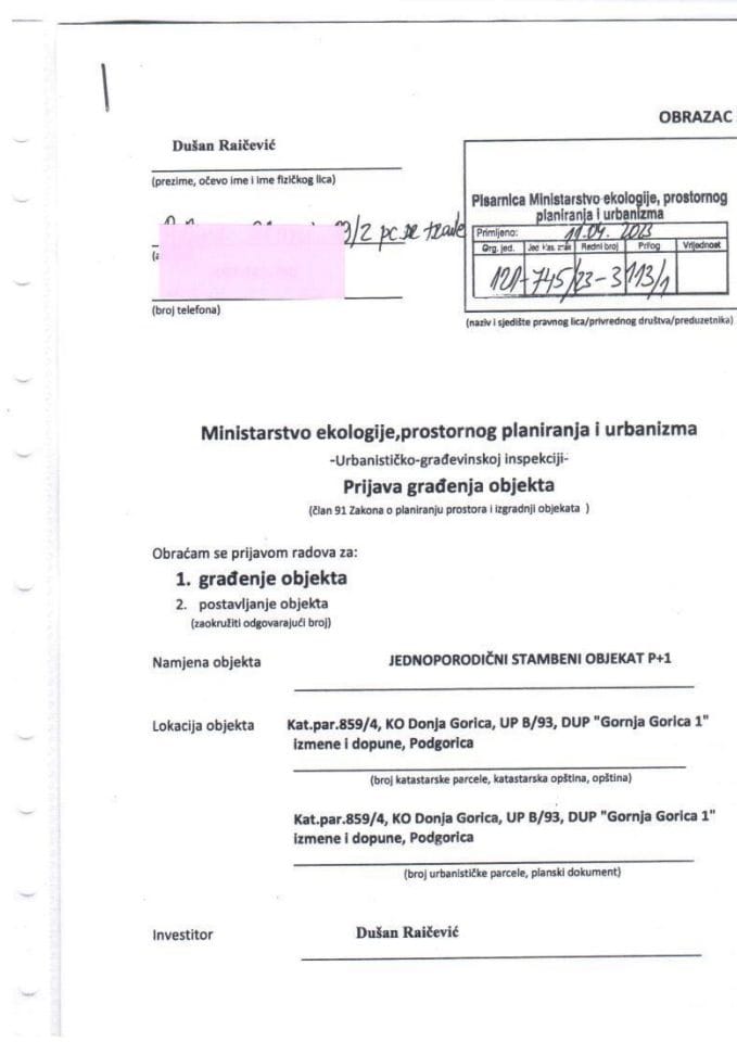 Prijava građenja objekta - 121-745-23-3113-1 DUŠAN RAIČEVIĆ