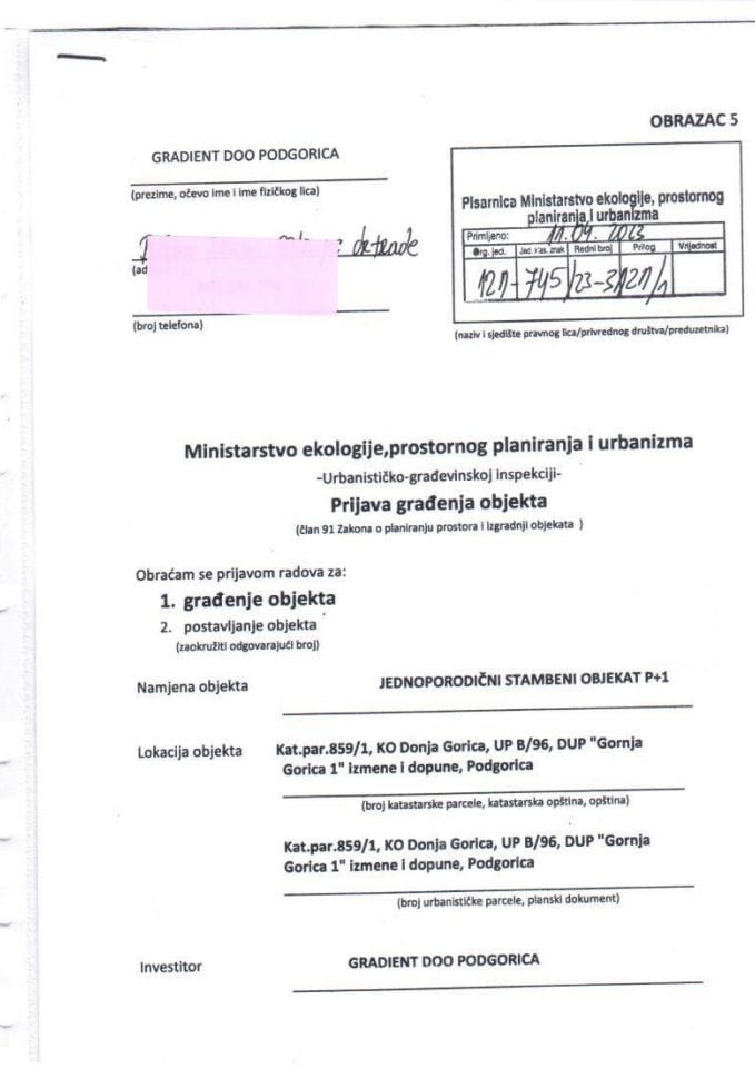 Prijava građenja objekta - 121-745-23-3121-1 GRADIENT DOO PODGORICA