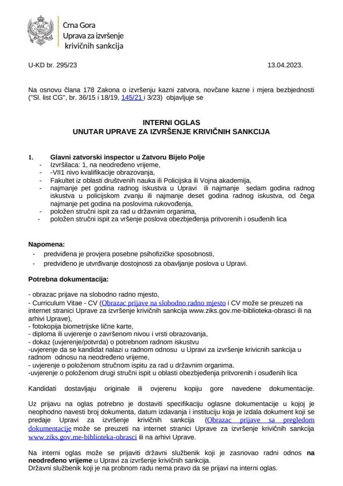 Interni oglas unutar Uprave za izvršenje krivičnih sankcija - U-KD br ...