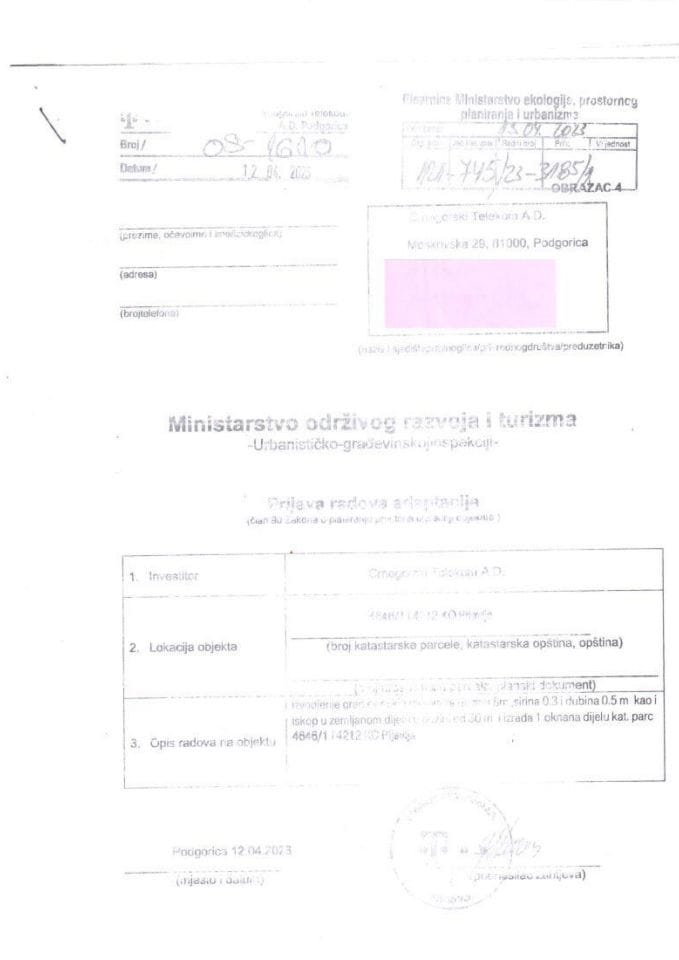 Prijava radova adaptacije - 121-745-23-3185-1 CRNOGORSKI TELEKOM A.D.