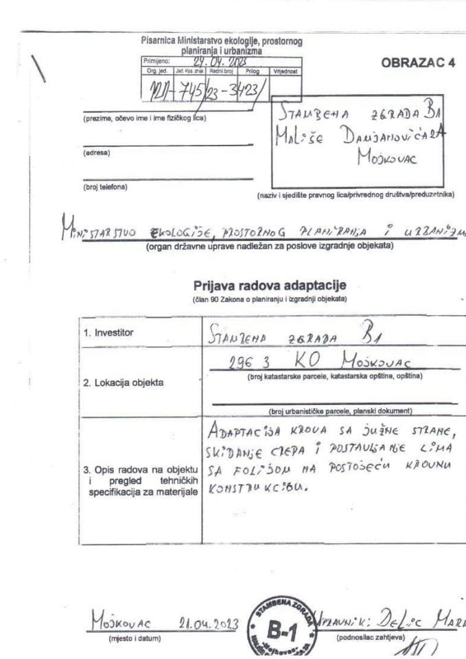 Prijava radova adaptacije - 121-745-23-3423 STAMBENA ZGRADA B1