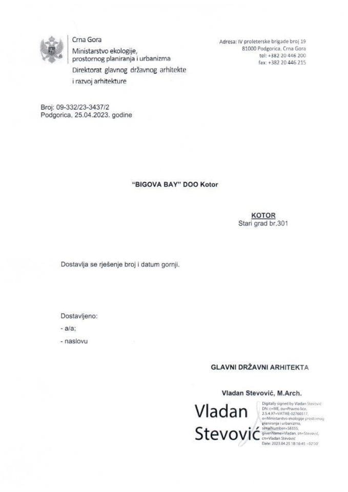 Rješenja glavnog državnog arhitekte - 25.04.2023 Rješenje -BIGOVA BAY ...