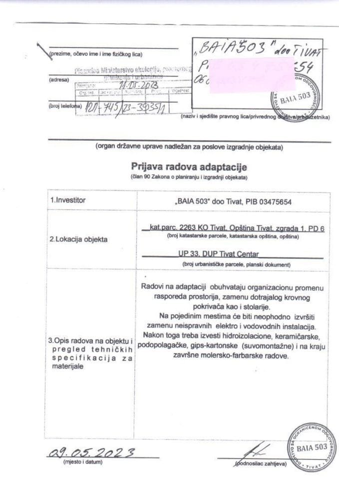 Prijava radova adaptacije - 121-745-23-3935-1 BAIA 503 DOO TIVAT