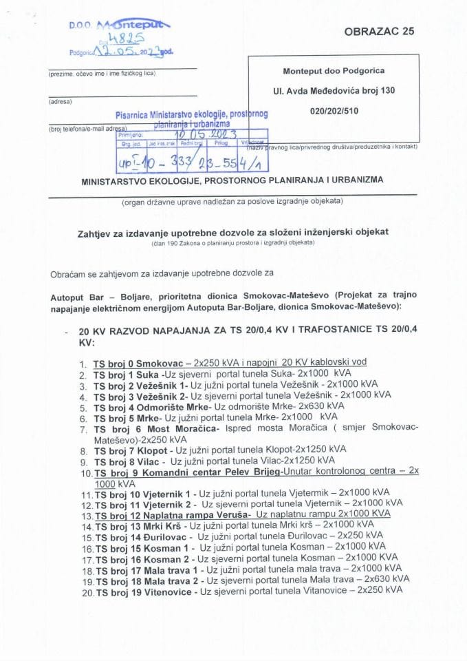 Zahtjevi za izdavanje upotrebne dozvole - UPI 10_333_23_554_1 Monteput ...