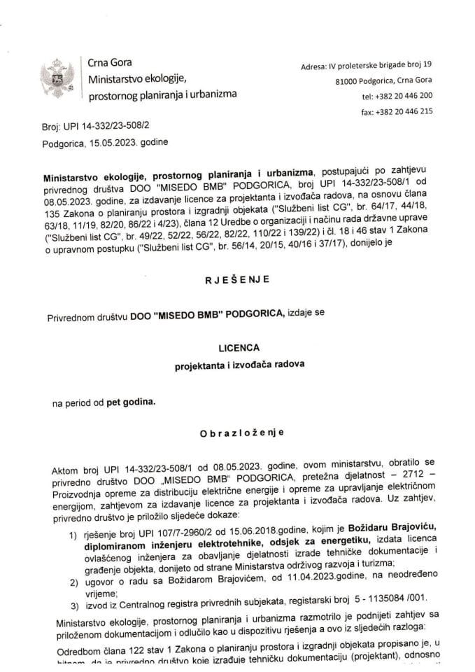 Licence projektanata i izvođača radova - UPI 14-332-23-508-2 DOO MISEDO BMB