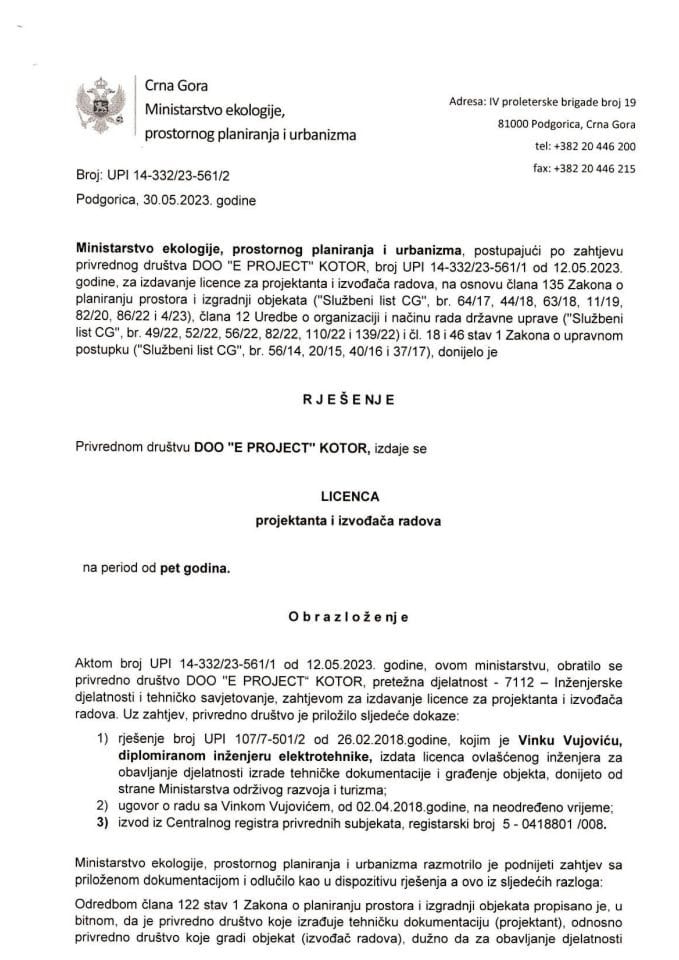 Licence projektanata i izvođača radova - UPI 14-332-23-561-2 DOO E PROJECT