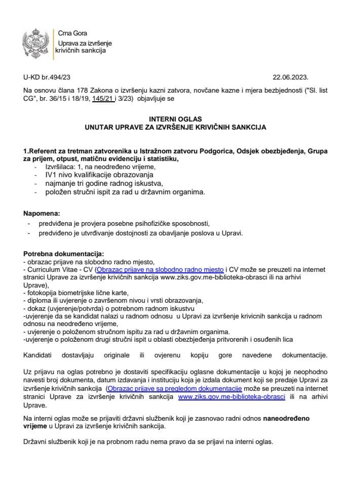 Interni oglas unutar Uprave za izvršenje krivičnih sankcija, 22.6.2023 ...