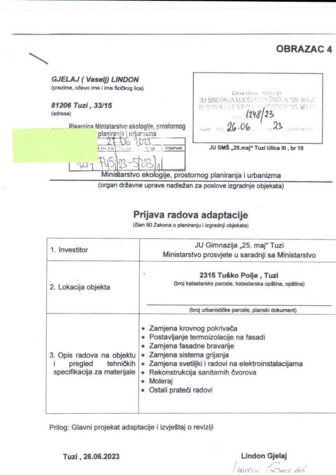 Prijava radova adaptacije - 121-745-23-5213-1 GJELAJ LINDON