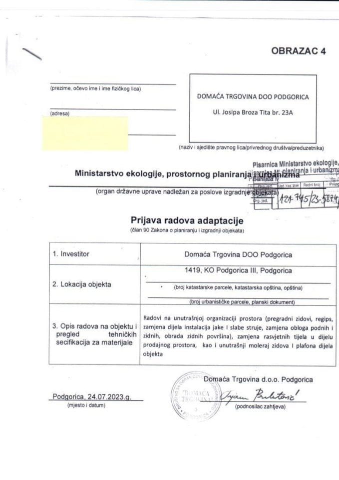 Prijava radova adaptacije - 121-745-23-5874-1 DOMAĆA TRGOVINA DOO PODGORICA