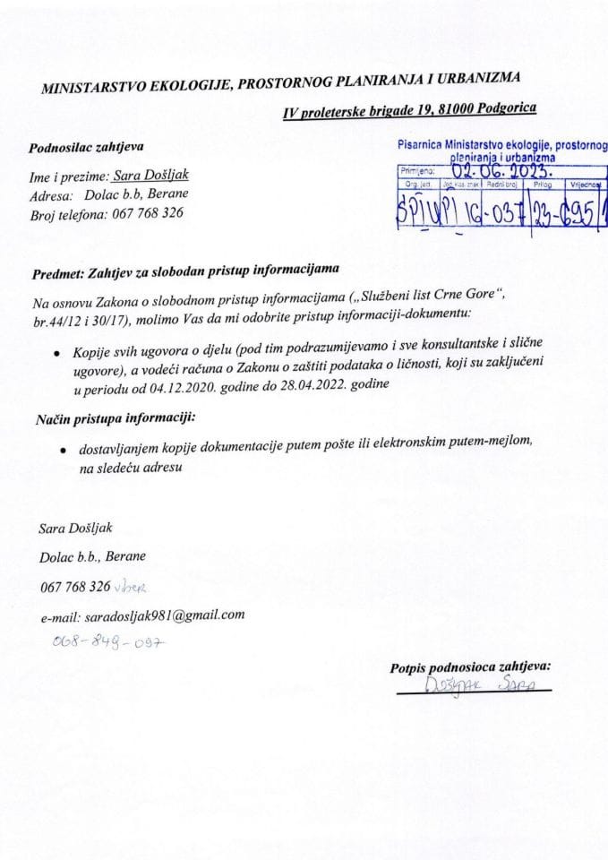 Zahtjevi - Slobodan pristup informacijama - UPI 16-037-23-695-1 Sara Došljak Zahtjev