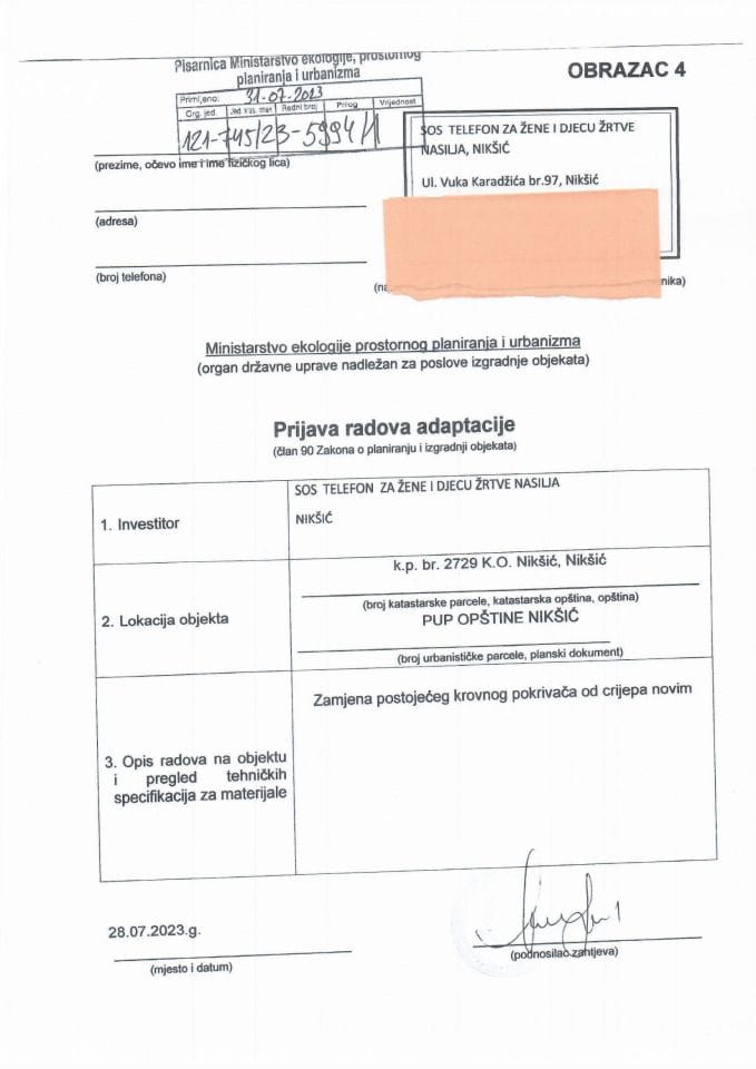 Prijava radova adaptacije - 121-745-23-5994-1 SOS TELEFON ZA ŽENE I ...