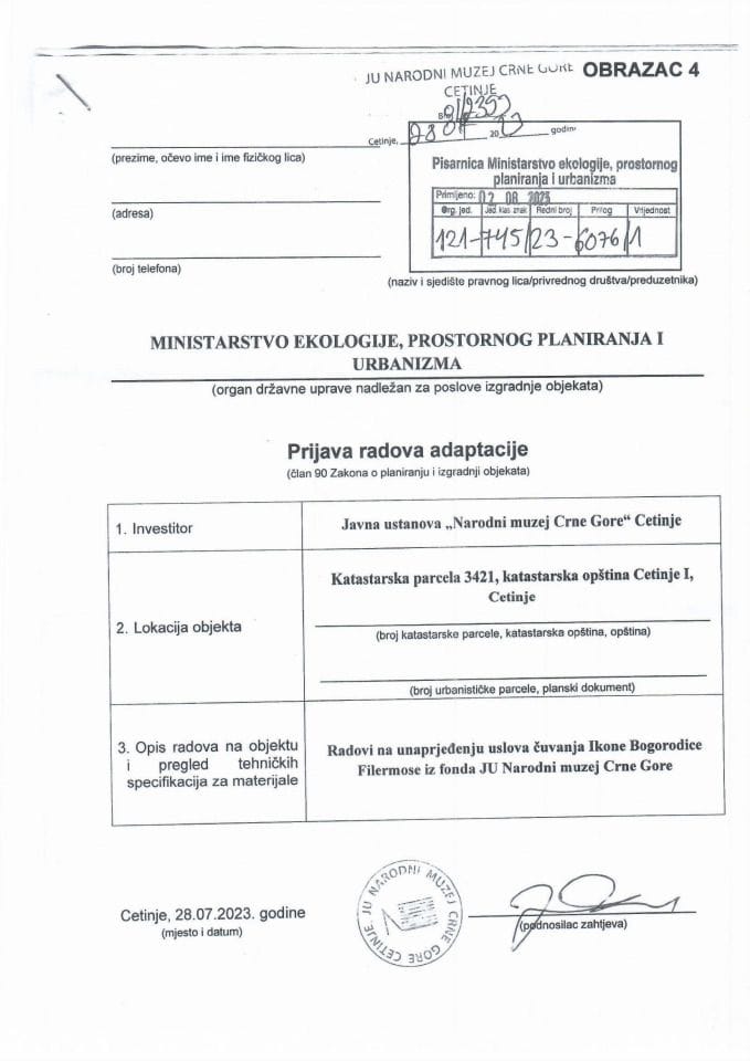 Prijava radova adaptacije - 121-745-23-6076-1 JU NARODNI MUZEJ CG