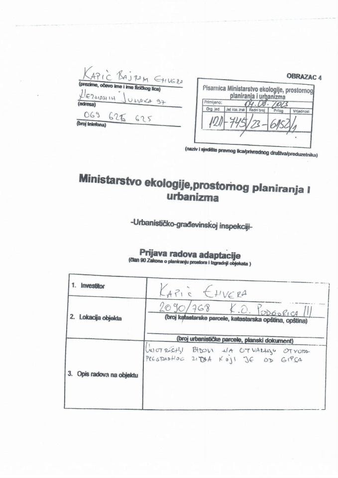 Prijava radova adaptacije - 121-745-23-6152-1 Envera Kapić