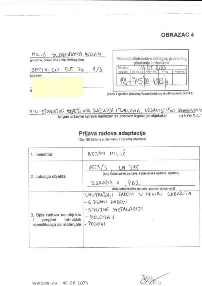 Prijava radova adaptacije - 121-745-23-6363-1 BOJAN MILIĆ