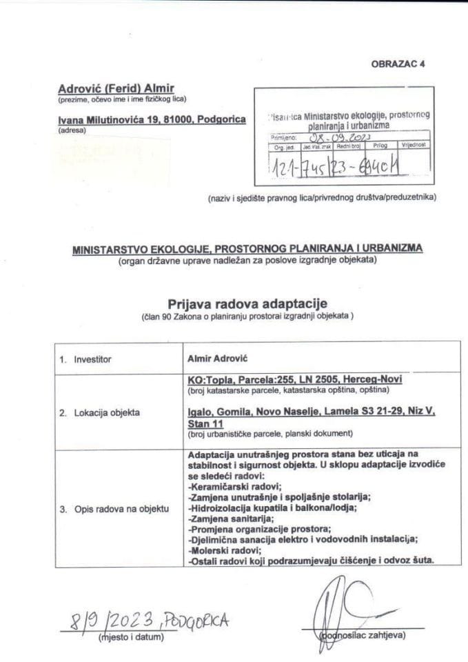 Prijava radova adaptacije - 121-745-23-6940-1 ALMIR ADROVIĆ