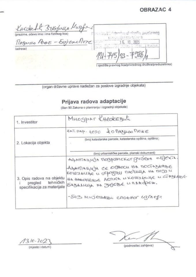 Prijava radova adaptacije - 121-745-23-7986-1 KNEZEVIC MILORAD